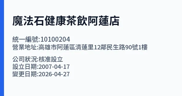 魔法石健康茶飲阿蓮店的照片-統編 10100204(高雄市) 公司登記資料與營業項目詳細圖表