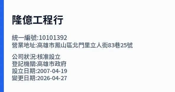 隆億工程行的照片-統編 10101392(高雄市) 公司登記資料與營業項目詳細圖表
