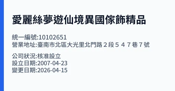愛麗絲夢遊仙境異國傢飾精品的照片-統編 10102651(臺南市) 公司登記資料與營業項目詳細圖表