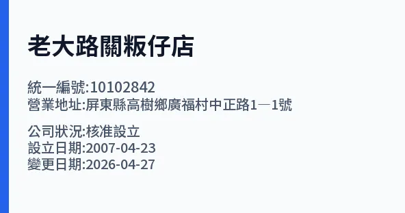 老大路關粄仔店的照片-統編 10102842(屏東縣) 公司登記資料與營業項目詳細圖表