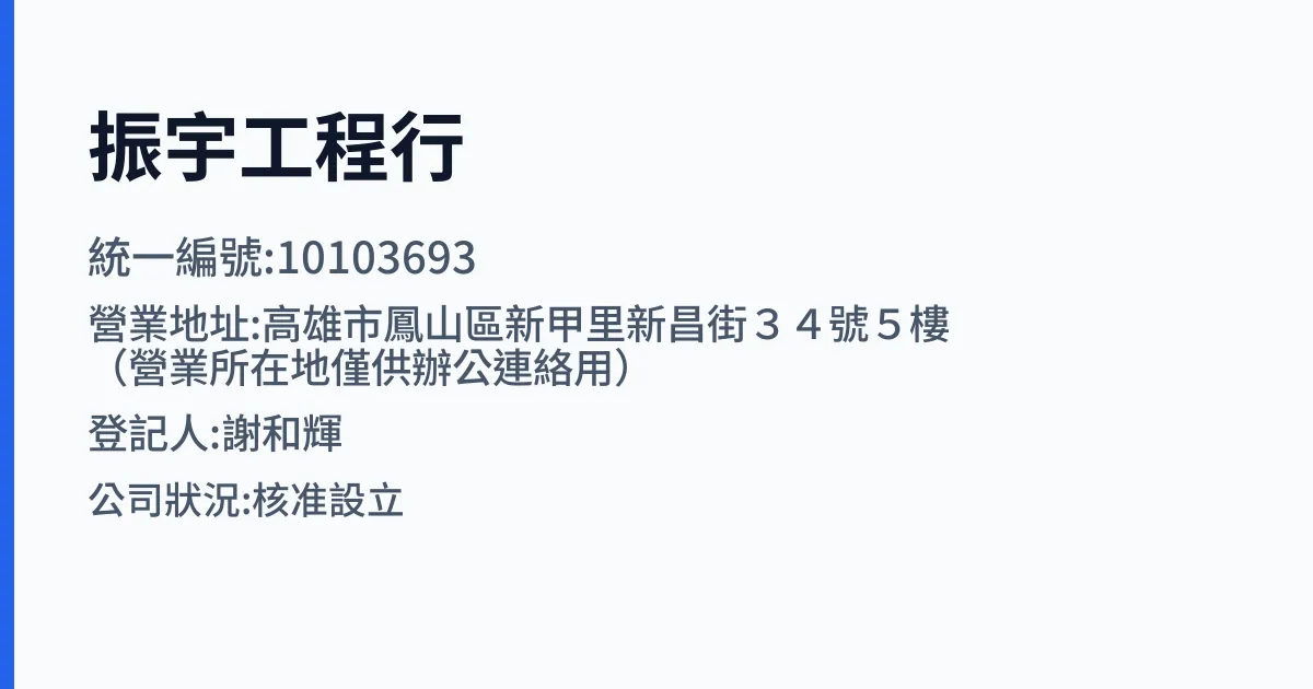 振宇工程行 - 統編 10103693(高雄市) 公司登記資料與營業項目詳細圖表