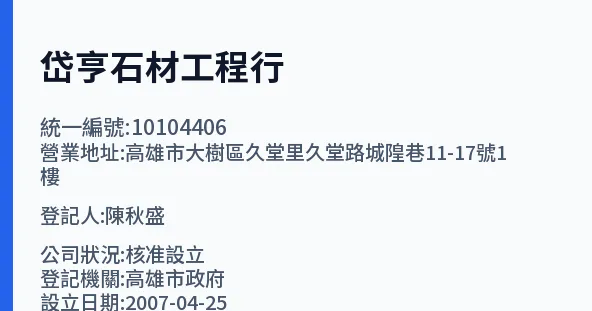 岱亨石材工程行的照片-統編 10104406(高雄市) 公司登記資料與營業項目詳細圖表