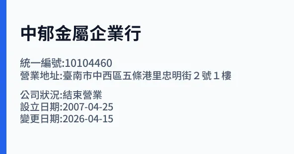 中郁金屬企業行的照片-統編 10104460(臺南市) 公司登記資料與營業項目詳細圖表