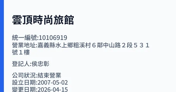 雲頂時尚旅館的照片-統編 10106919(嘉義縣) 公司登記資料與營業項目詳細圖表