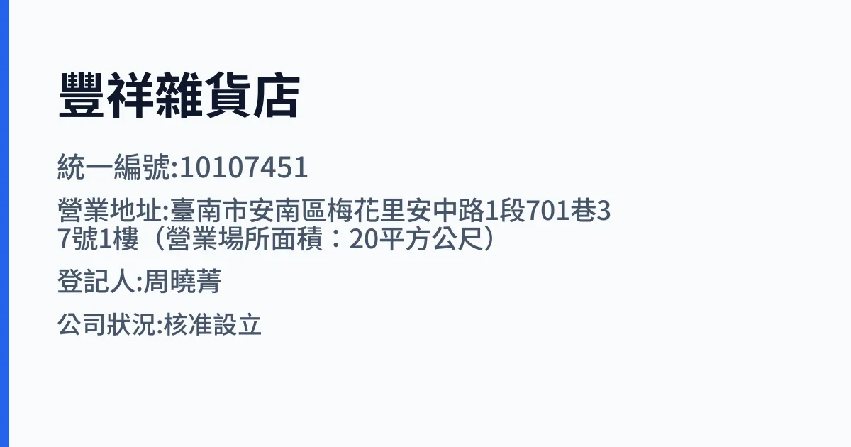 豐祥雜貨店 - 統編 10107451(臺南市) 公司登記資料與營業項目詳細圖表