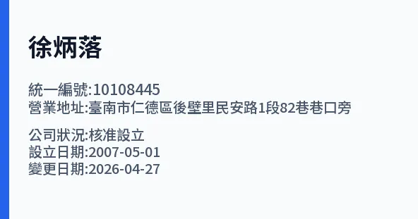 徐炳落的照片-統編 10108445(臺南市) 公司登記資料與營業項目詳細圖表