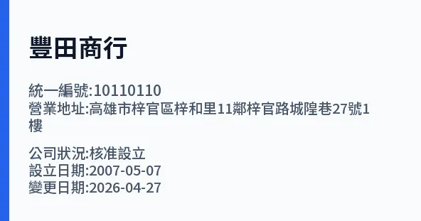 豐田商行的照片-統編 10110110(高雄市) 公司登記資料與營業項目詳細圖表