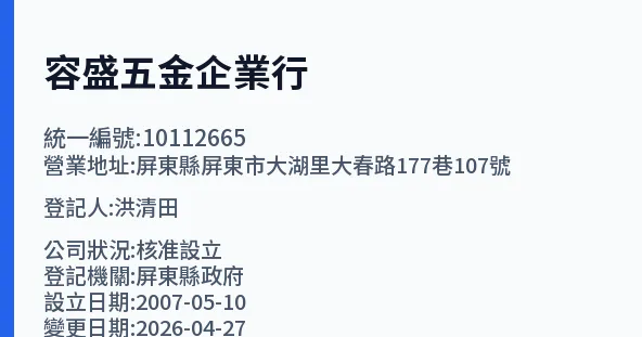容盛五金企業行的照片-統編 10112665(屏東縣) 公司登記資料與營業項目詳細圖表