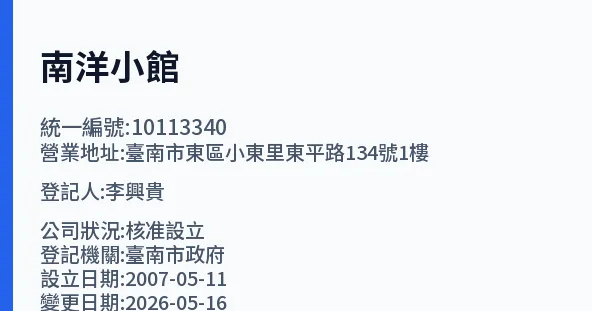 南洋小館的照片-統編 10113340(臺南市) 公司登記資料與營業項目詳細圖表