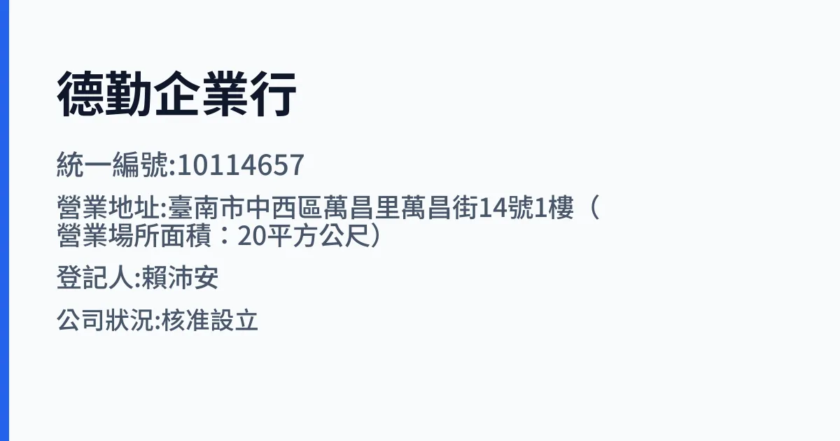 德勤企業行 - 統編 10114657(臺南市) 公司登記資料與營業項目詳細圖表
