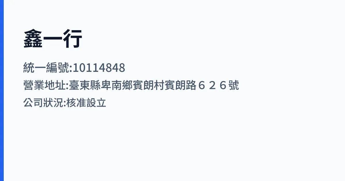 鑫一行 - 統編 10114848(臺東縣) 公司登記資料與營業項目詳細圖表