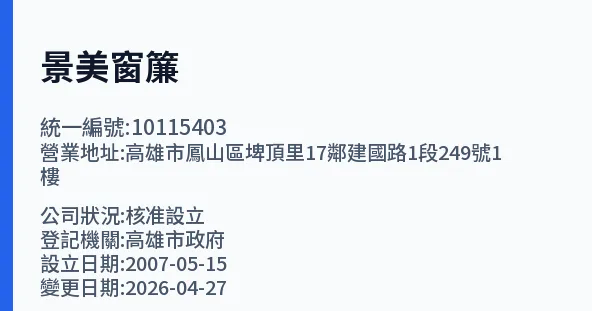景美窗簾的照片-統編 10115403(高雄市) 公司登記資料與營業項目詳細圖表