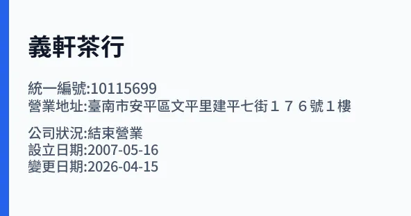 義軒茶行的照片-統編 10115699(臺南市) 公司登記資料與營業項目詳細圖表