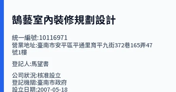 鵠藝室內裝修規劃設計的照片-統編 10116971(臺南市) 公司登記資料與營業項目詳細圖表