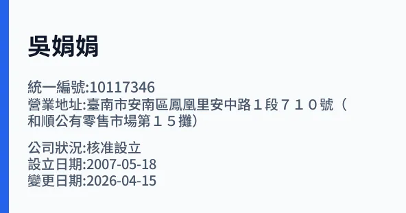 吳娟娟的照片-統編 10117346(臺南市) 公司登記資料與營業項目詳細圖表