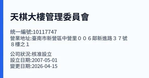 天棋大樓管理委員會的照片-統編 10117747(臺南市) 公司登記資料與營業項目詳細圖表