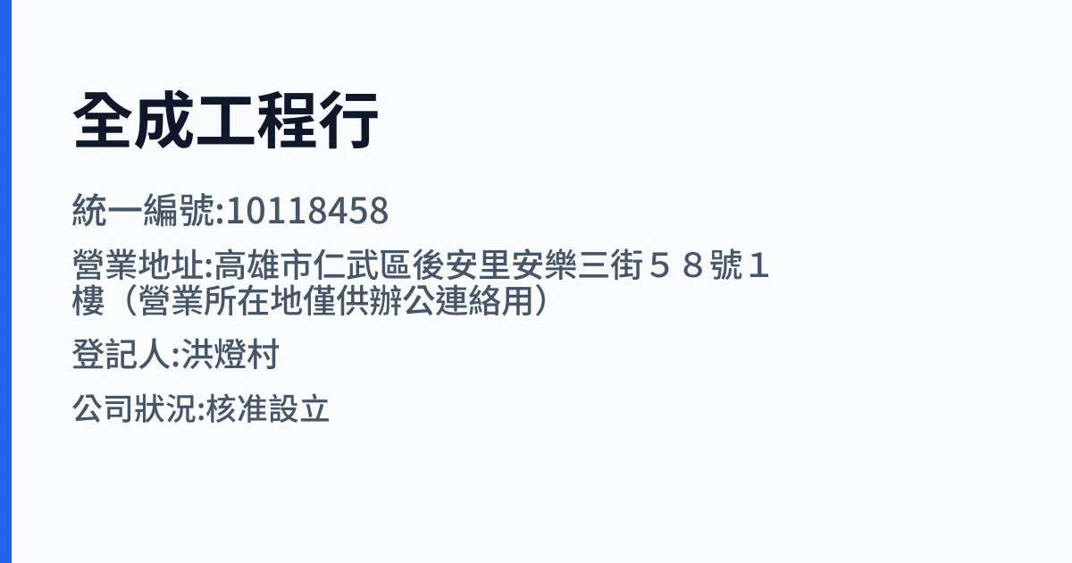 全成工程行 - 統編 10118458(高雄市) 公司登記資料與營業項目詳細圖表