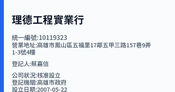 理德工程實業行的照片-統編 10119323(高雄市) 公司登記資料與營業項目詳細圖表