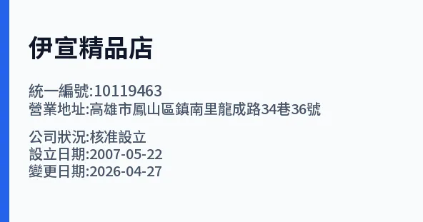 伊宣精品店的照片-統編 10119463(高雄市) 公司登記資料與營業項目詳細圖表