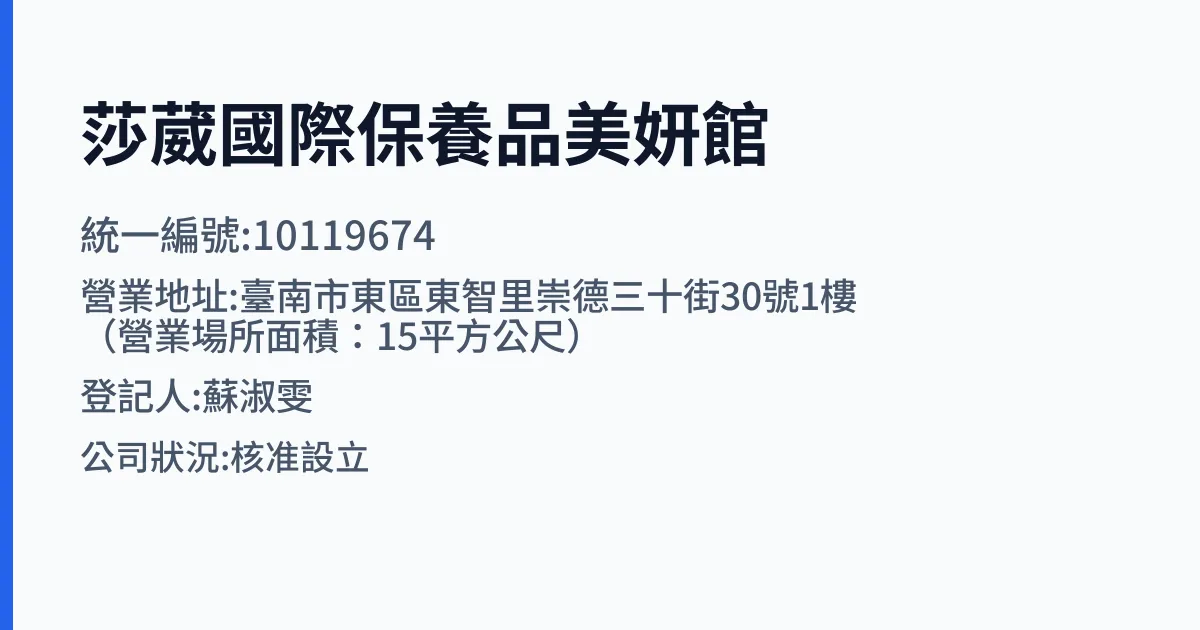 莎葳國際保養品美妍館 - 統編 10119674(臺南市) 公司登記資料與營業項目詳細圖表