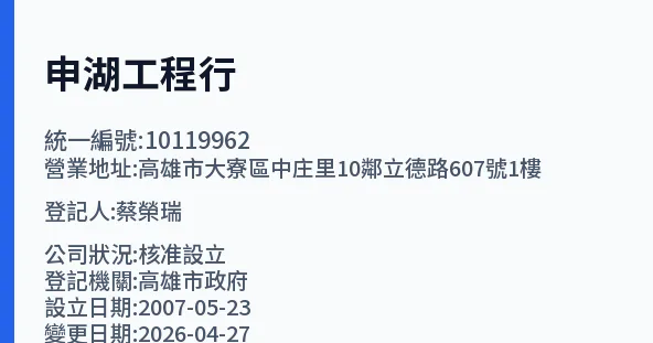 申湖工程行的照片-統編 10119962(高雄市) 公司登記資料與營業項目詳細圖表