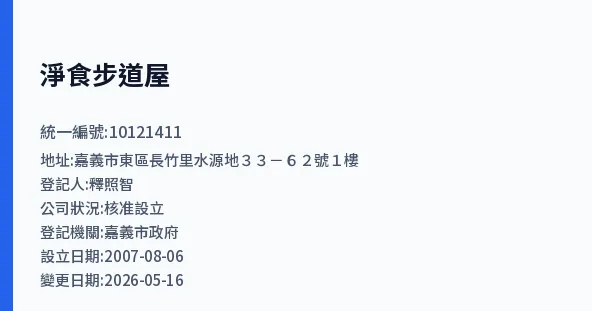 淨食步道屋的照片-統編 10121411(嘉義市) 公司登記資料與營業項目詳細圖表