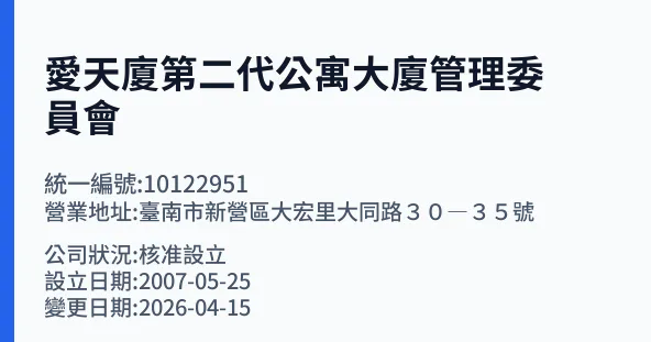 愛天廈第二代公寓大廈管理委員會的照片-統編 10122951(臺南市) 公司登記資料與營業項目詳細圖表
