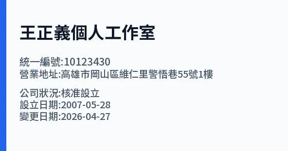 王正義個人工作室的照片-統編 10123430(高雄市) 公司登記資料與營業項目詳細圖表
