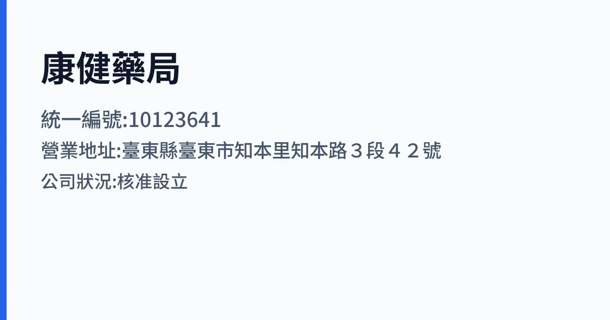 康健藥局 - 統編 10123641(臺東縣) 公司登記資料與營業項目詳細圖表