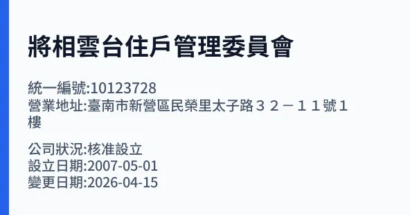 將相雲台住戶管理委員會的照片-統編 10123728(臺南市) 公司登記資料與營業項目詳細圖表