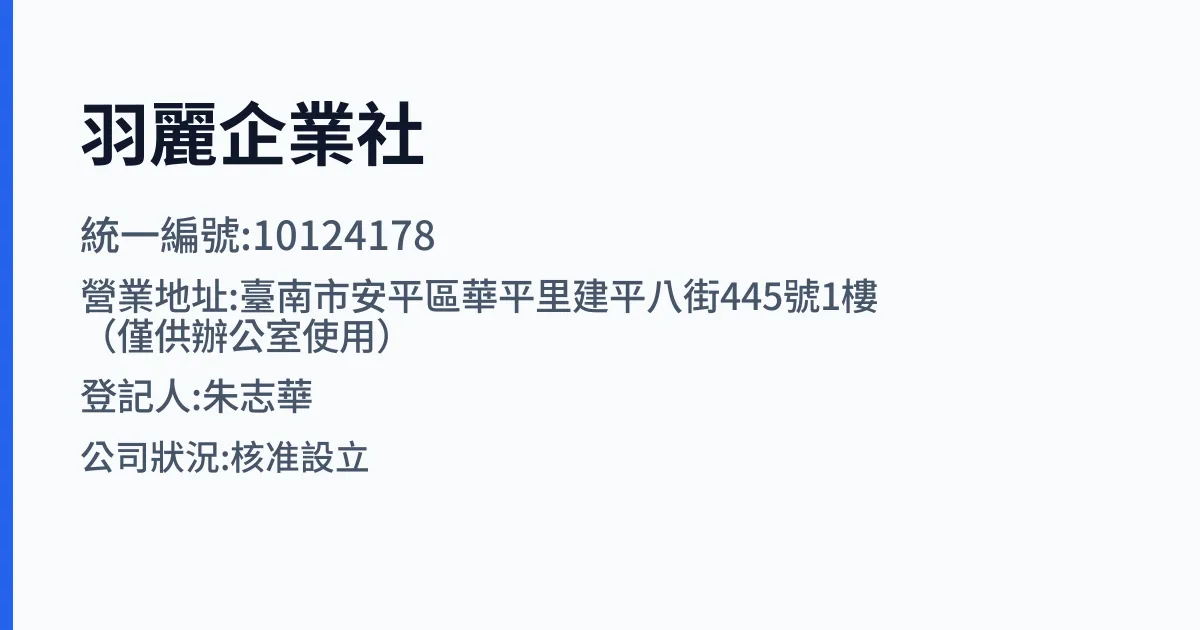 羽麗企業社 - 統編 10124178(臺南市) 公司登記資料與營業項目詳細圖表