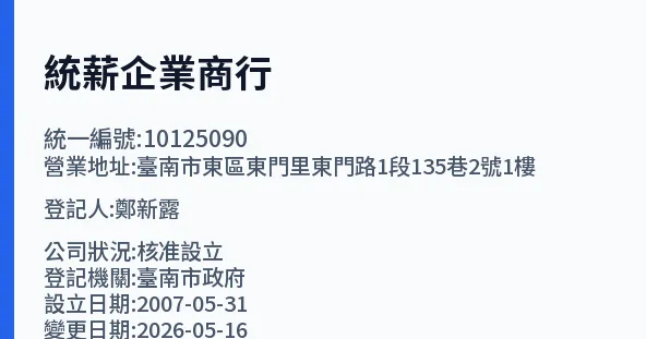 統薪企業商行的照片-統編 10125090(臺南市) 公司登記資料與營業項目詳細圖表