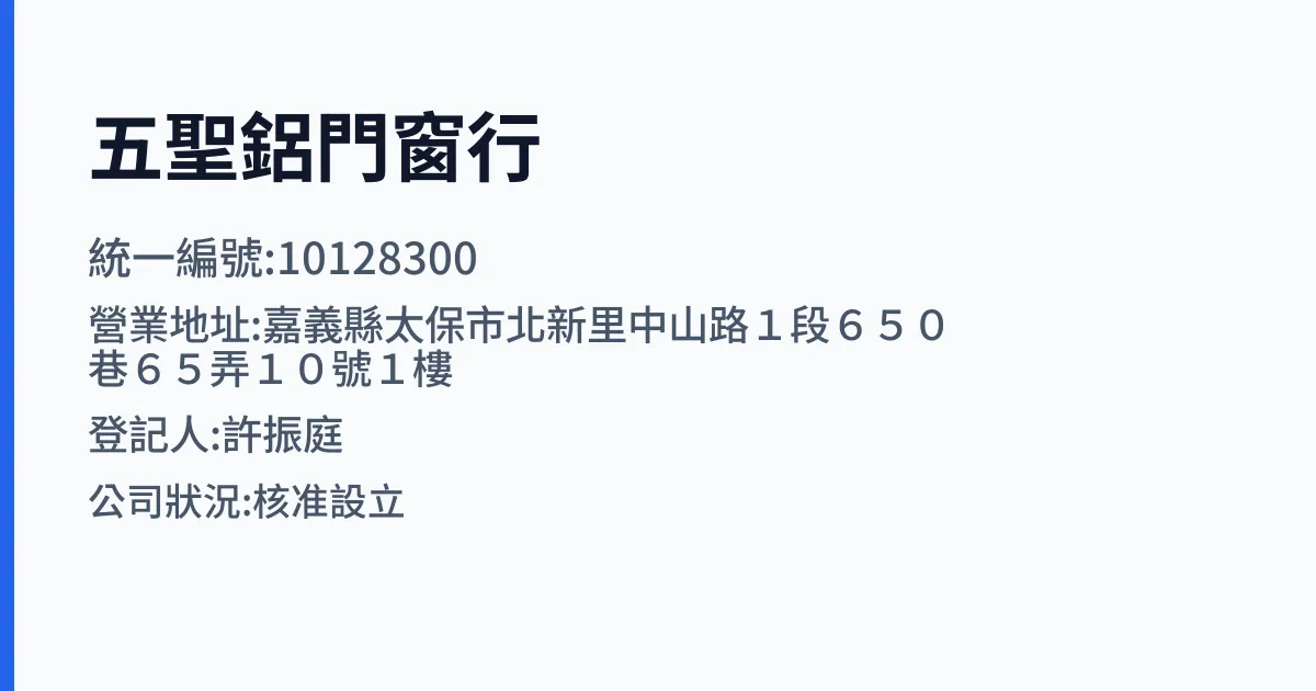 五聖鋁門窗行 - 統編 10128300(嘉義縣) 公司登記資料與營業項目詳細圖表