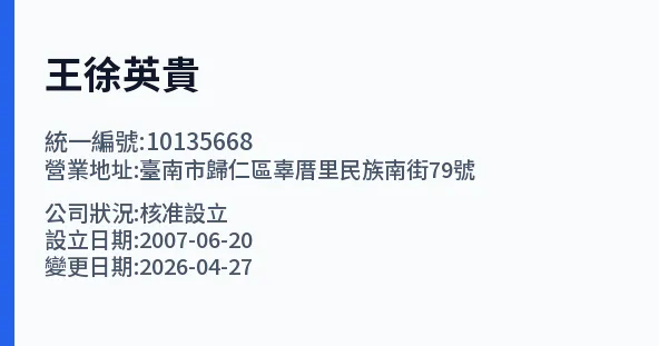 王徐英貴的照片-統編 10135668(臺南市) 公司登記資料與營業項目詳細圖表
