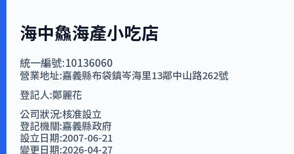 海中鱻海產小吃店的照片-統編 10136060(嘉義縣) 公司登記資料與營業項目詳細圖表