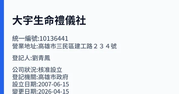 大宇生命禮儀社的照片-統編 10136441(高雄市) 公司登記資料與營業項目詳細圖表