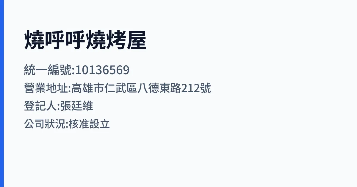 燒呼呼燒烤屋 - 統編 10136569(高雄市) 公司登記資料與營業項目詳細圖表