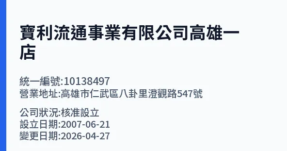 寶利流通事業有限公司高雄一店的照片-統編 10138497(高雄市) 公司登記資料與營業項目詳細圖表