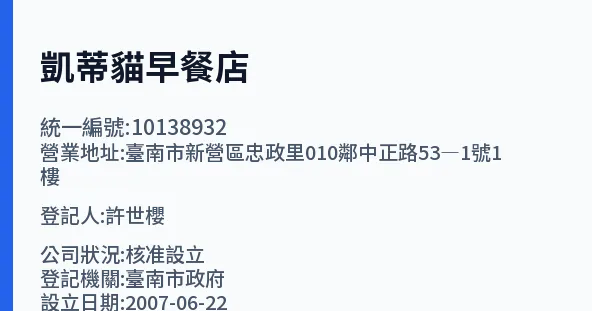 凱蒂貓早餐店的照片-統編 10138932(臺南市) 公司登記資料與營業項目詳細圖表
