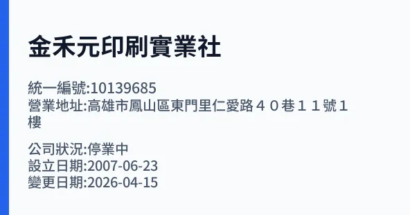 金禾元印刷實業社的照片-統編 10139685(高雄市) 公司登記資料與營業項目詳細圖表
