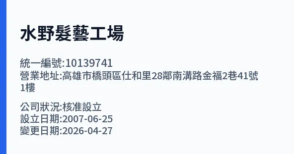 水野髮藝工場的照片-統編 10139741(高雄市) 公司登記資料與營業項目詳細圖表