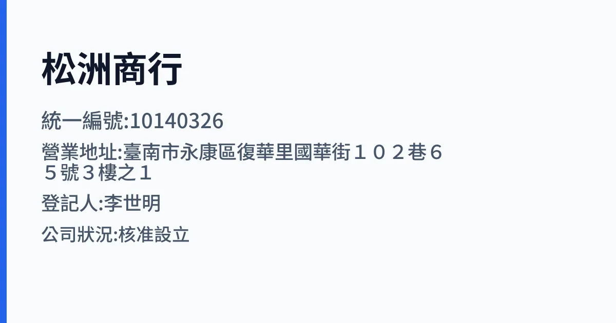 松洲商行 - 統編 10140326(臺南市) 公司登記資料與營業項目詳細圖表