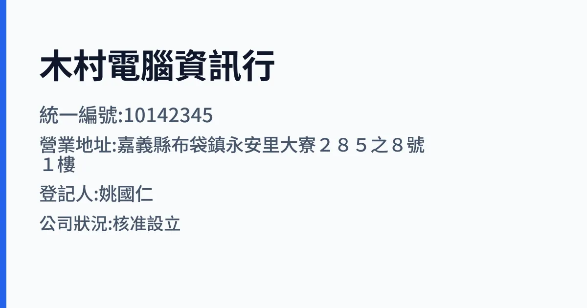 木村電腦資訊行 - 統編 10142345(嘉義縣) 公司登記資料與營業項目詳細圖表