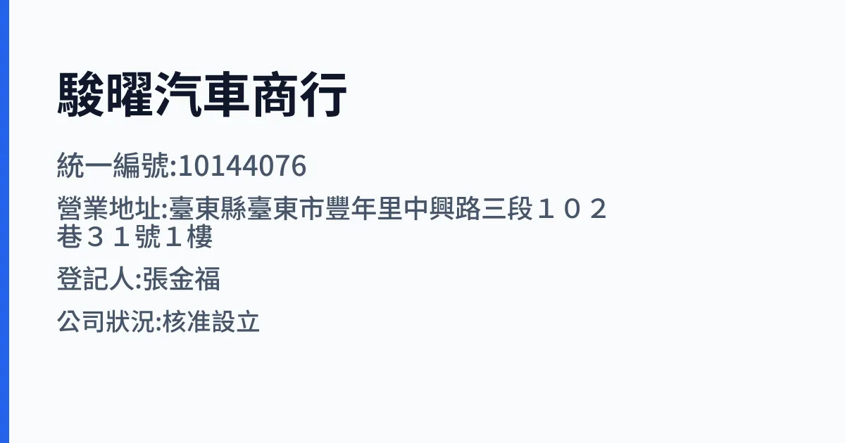 駿曜汽車商行 - 統編 10144076(臺東縣) 公司登記資料與營業項目詳細圖表