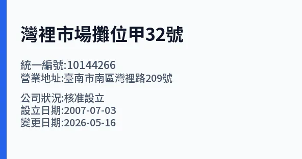 灣裡市場攤位甲32號的照片-統編 10144266(臺南市) 公司登記資料與營業項目詳細圖表