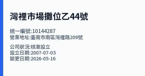 灣裡市場攤位乙44號的照片-統編 10144287(臺南市) 公司登記資料與營業項目詳細圖表