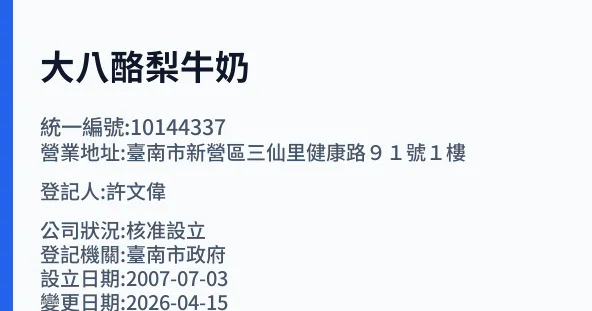 大八酪梨牛奶的照片-統編 10144337(臺南市) 公司登記資料與營業項目詳細圖表
