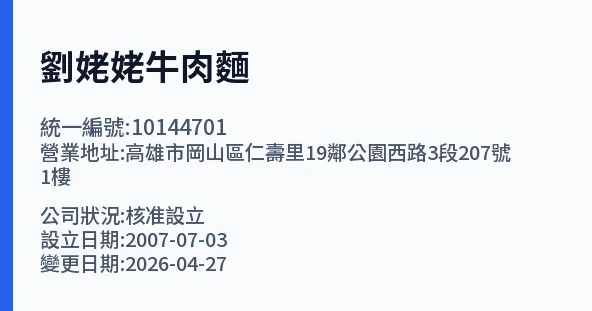 劉姥姥牛肉麵的照片-統編 10144701(高雄市) 公司登記資料與營業項目詳細圖表