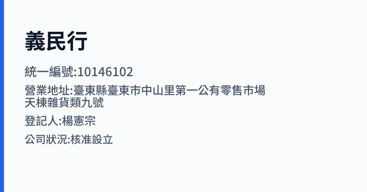 義民行 - 統編 10146102(臺東縣) 公司登記資料與營業項目詳細圖表