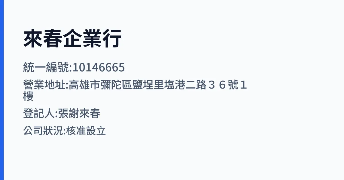 來春企業行 - 統編 10146665(高雄市) 公司登記資料與營業項目詳細圖表